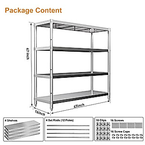 Storage Shelves, 4 Tier Shelf Adjustable Stainless Steel Shelves, Sturdy Metal Shelves Heavy Duty Shelving Units and Storage for Kitchen Commercial Office Garage Storage, 47L X 16W X 47H 880Lbs Total
