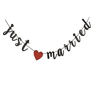 Just Married Banner- Wedding Party Sign, Bridal Shower Decoration Prop Photos (Black Glitter)