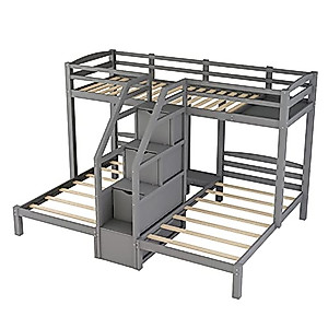 VilroCaz Twin Size Triple Bunk Bed with Built-in Staircase and Storage Drawer, Solid Wood Bunk Bed Frame with Safety Full-Length Guardrail for 3, Bedroom Guest Room Home Furniture (Gray)