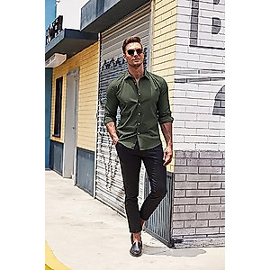 COOFANDY Men's Muscle Fit Dress Shirts Wrinkle-Free Long Sleeve Casual Button Down Shirt (01-Olive Green(Stretch Fabric), X-Large)