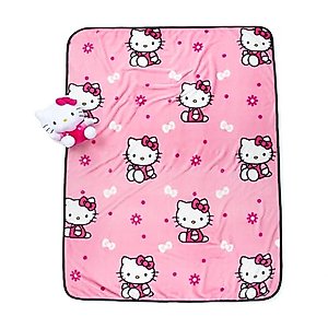 Hello Girly Mini Pillow Buddy and 46 Inch x 60 Inch Super Soft 2 Piece Blanket Set for Kids - Official Hello Kitty Product