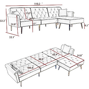 L Shaped Futon Sofa Bed with Movable Ottoman, Modern Velvet Upholstery Reversible Sectional Couch with 3 Adjustable Backrest,Sturdy Sleeper Sofa for Living Room and Bedroom