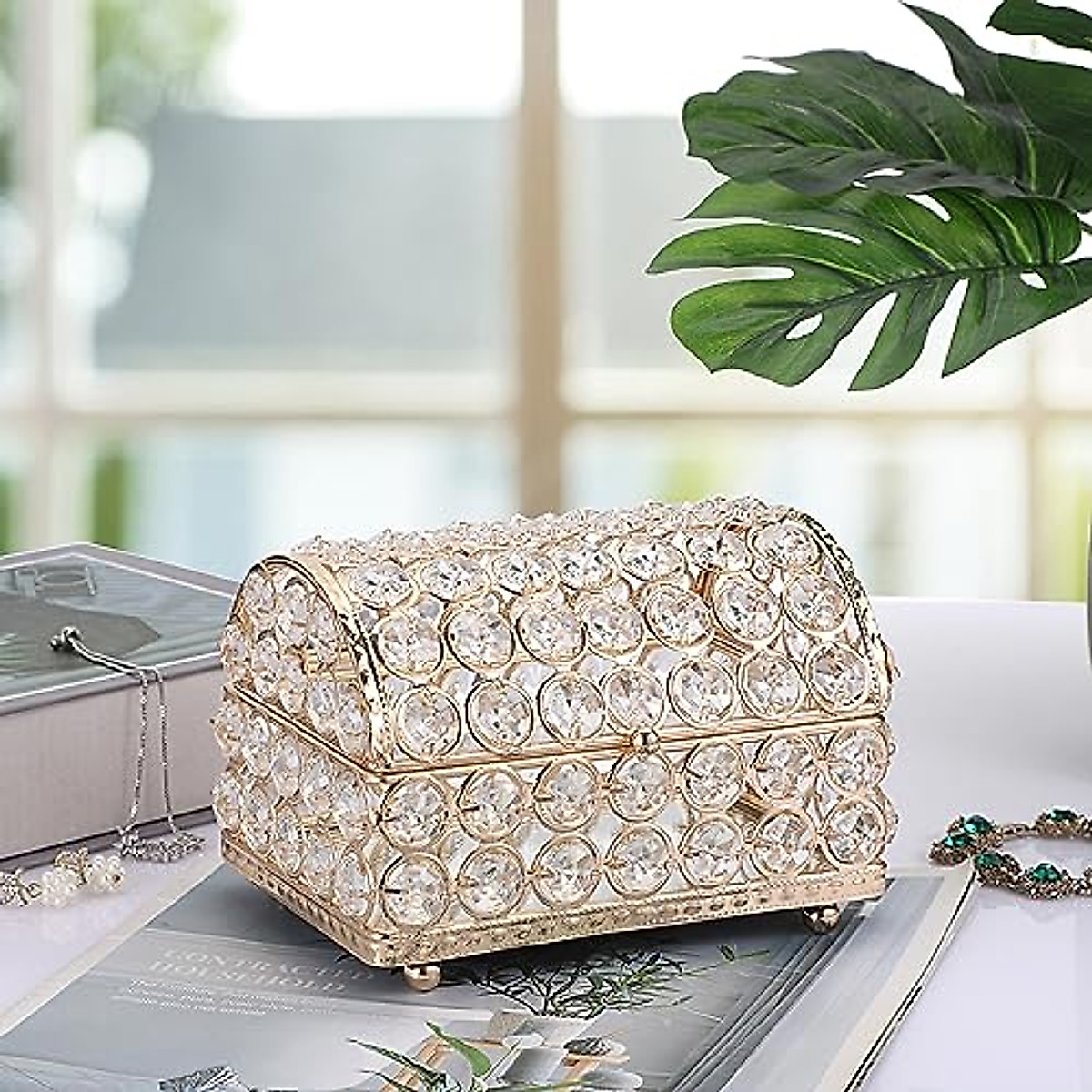 Hipiwe Crystal Jewelry Box Large Gold Treasure Chest Box with Lid Mirrored Trinket Organizer Keepsakes Box Earrings Rings Holder Decorative Jewelry Box Christmas Birthday Gift for Women Girls