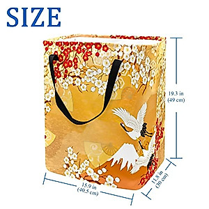 Flying Cranes and Floral Print Collapsible Laundry Hamper, 60L Waterproof Laundry Baskets Washing Bin Clothes Toys Storage for Dorm Bathroom Bedroom