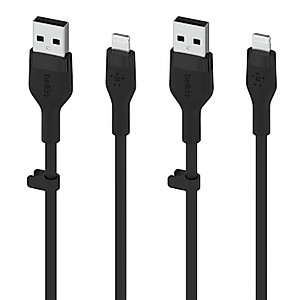 Belkin BoostCharge Flex Silicone USB Type A to Lightning Cable (1M/3.3FT), MFi Certified Charging Cable for iPhone 13, 12, 11, Pro, Max, Mini, SE, iPad and More, 2-pack, Black