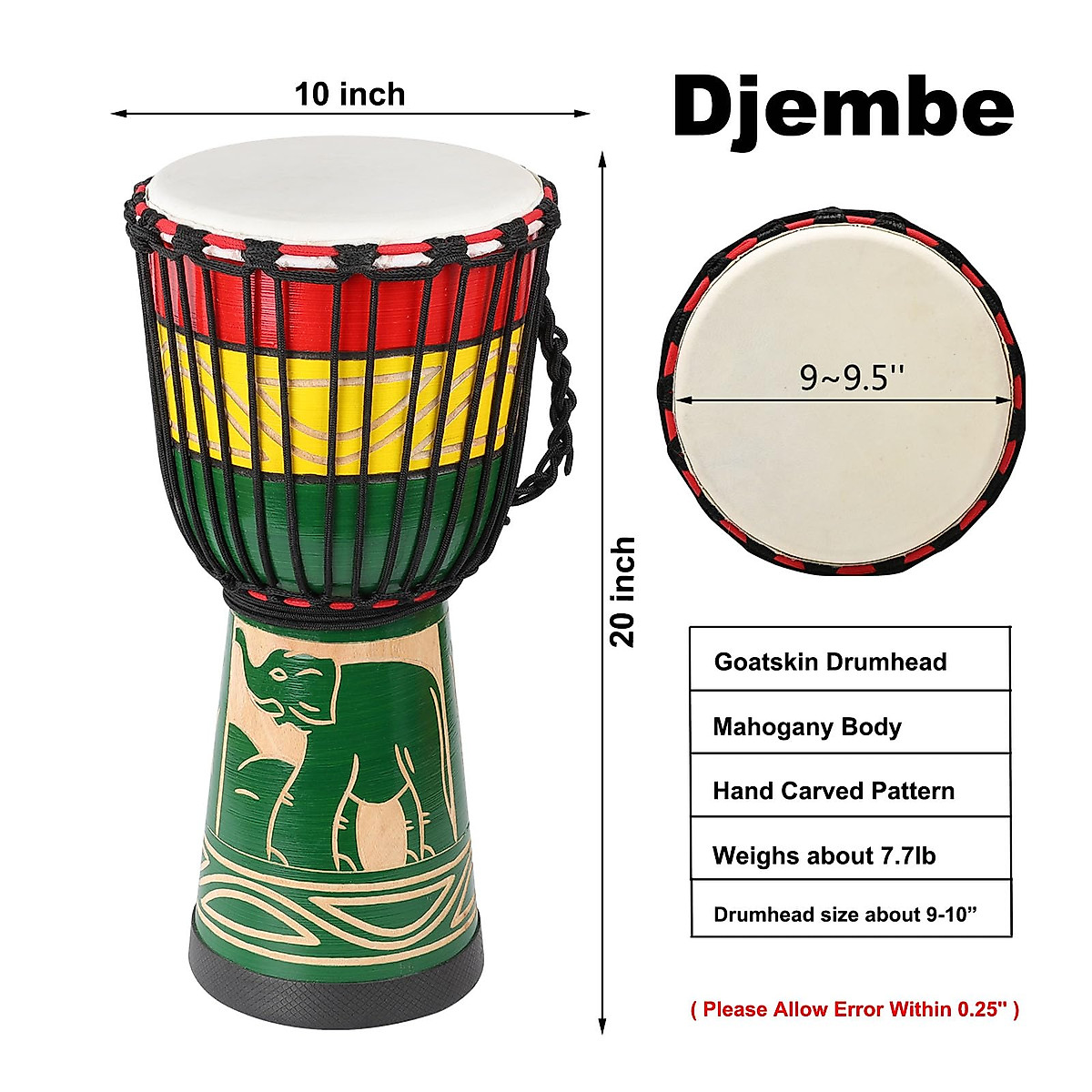 Djembe Drum,LIEKE 10'' African Drum Carved of Mahogany Goatskin Drumhead for Adults Student Beginners Green