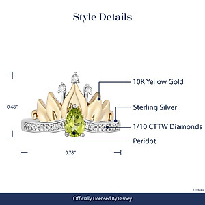 Jewelili Enchanted Disney Fine Jewelry Sterling Silver And 10K Yellow Gold 1/10 Cttw Diamond and Peridot Tiana Water Lily Tiara Ring, Size 5