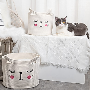 Bigepige Cat Decorative Baby Toy Storage Basket with Handle, Cotton Rope Blanket Basket for Cat Lovers Gift, Stuffed Animal Storage Bin, Cute Kids Laundry Nursery Hamper Organizer (White3, Medium)