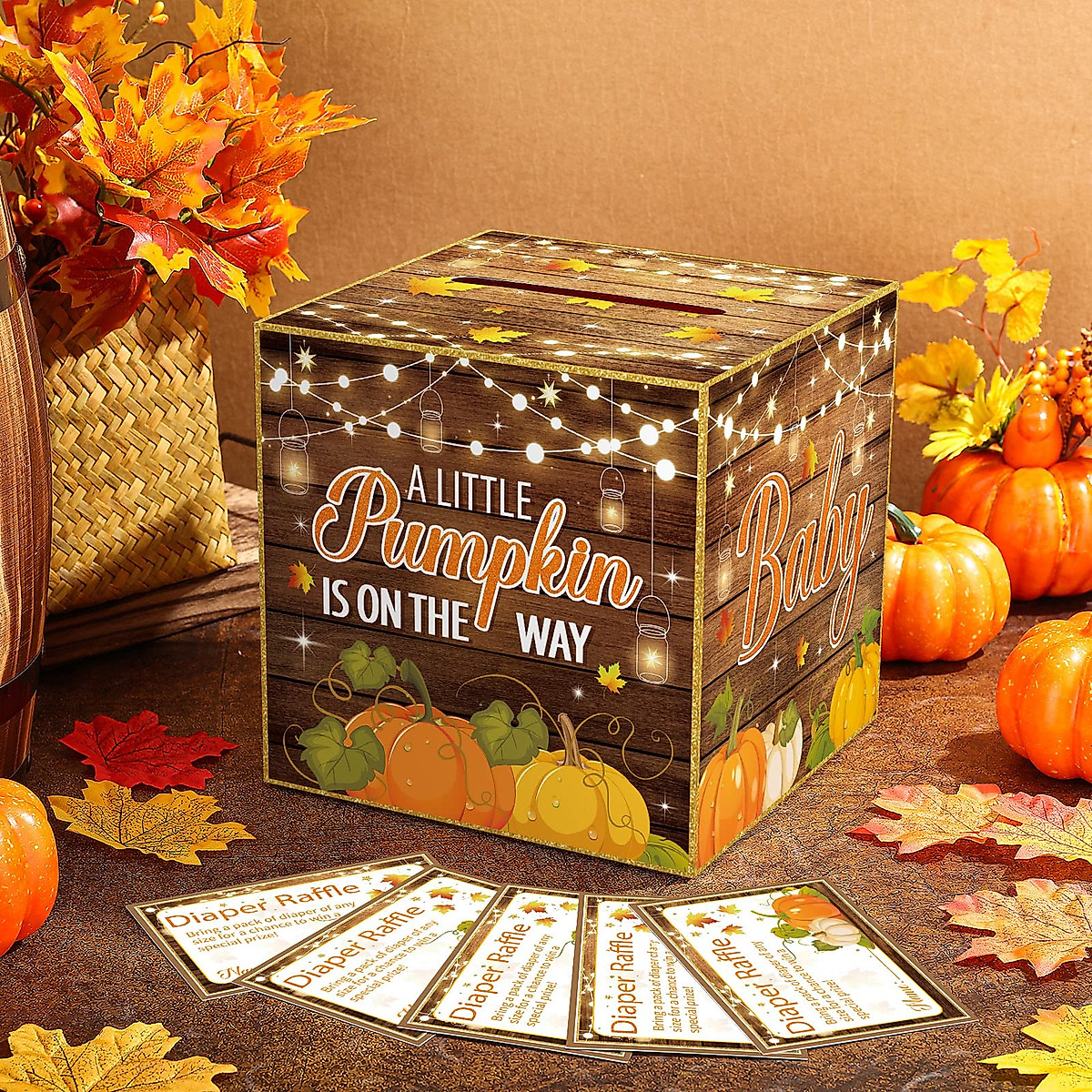 51 Pieces Fall Pumpkin Diaper Raffle Tickets with Diaper Raffle Card Box, Diaper Raffle Sign Advice and Wishes Diaper Party Raffle Insert Cards Baby Shower Decoration Neutral for Thanksgiving Game Kit