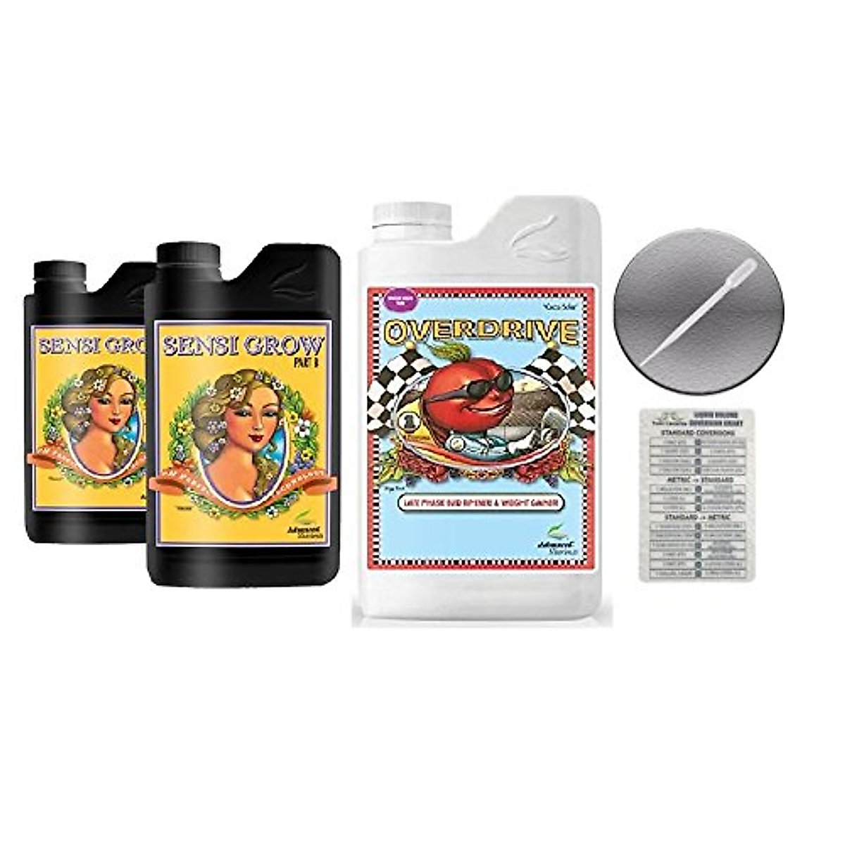 Advanced Nutrients Sensi Grow A and B 4 Liter with Overdrive 1 Liter Bundle and Conversion Chart and 3mL Pipette