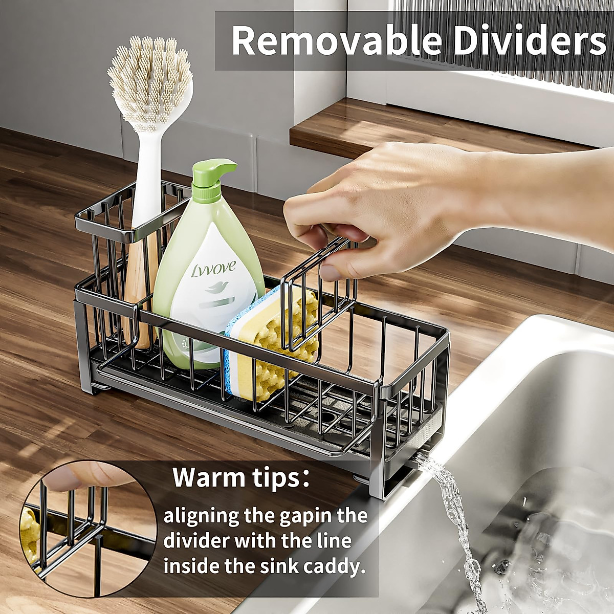 SWTYMIKI Sponge Holder for Kitchen Sink - Sink Caddy with Brush Holder Self-draining Kitchen Sponge Caddy Organizer with Divider Stainless Steel Sink Accessories Storage for Countertop, Black