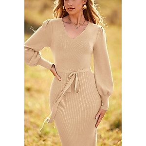 PRETTYGARDEN Women's Fall Knit Pullover Sweater Dress Elegant Long Lantern Sleeve V Neck Winter Maxi Bodycon Dresses (Apricot,Medium)