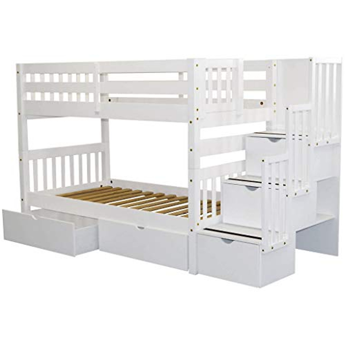 Bedz King Stairway Bunk Beds Twin over Twin with 3 Drawers in the Steps and 2 Under Bed Drawers - White