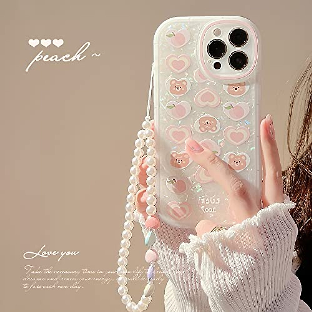 LOLAGIGI for iPhone 13 Case Pink Heart Peach Bear Cute Shell Pattern Kawaii Cartoon Girly Print Design Aesthetic for Women Girls TPU Case with Lovely Peal Charm Lanyard Beaded Accessories