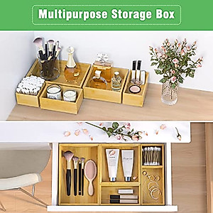 Bamboo Bathroom Drawer Organizer Dividers, Wooden Kitchen Utensil Holder Set of 5, Stackable Junk Drawer Organizer Tray, Multi-Use Storage Bins Boxs for Home, Office, Clothing, Makeup, Jewelry