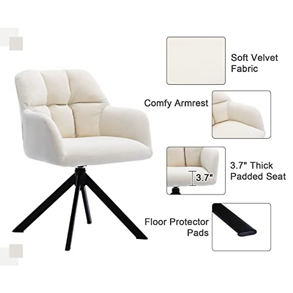 Shunzhi Modern Velvet Office Chair No Wheels Swirl Desk Chair Comfy Computer Task Chair Metal Legs Upholstered Accent Arm Chair for Living Room/Bedroom/Small Spaces/Home Office, White