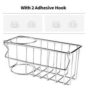 3 In 1 Sponge Holder for Kitchen Sink, Stainless Steel In Kitchen Sink Sponge Caddy/Organizer with Brush Holder + Dish Cloth Hanger + Sponge Rack With 2 Adhesive