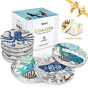Coaster for Drinks by Teivio, Absorbing Stone Sea Ocean Life Paint- Cork Base, with Holder, Coastal Decor Beach Themed Tropical , for Housewarming Bar Decor, Set of 8