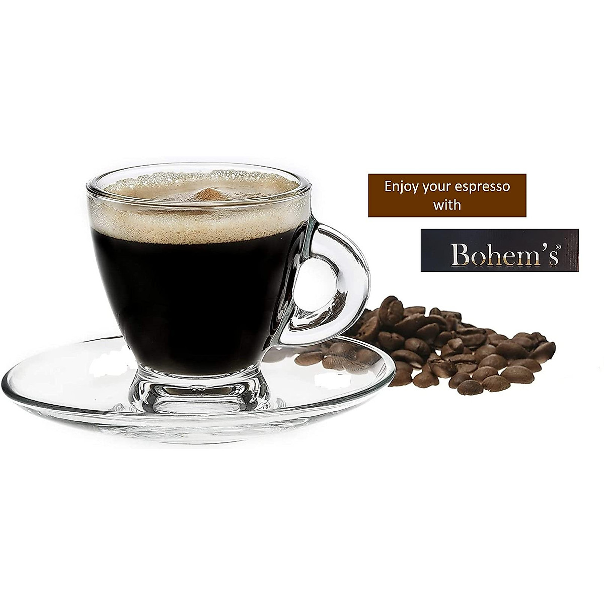 BOHEM'S Espresso Cups, 3.2 oz Small Demitasse Clear Glass Espresso Drinkware, Set Of Cups, Saucers and Stainless Steel mini Spoons + Free Glass Spoons (Set of 6)