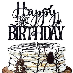 Black Glitter Happy Birthday Cake Topper, Happy Booday/Happy Halloween Birthday, Funny Ghoust Scary Halloween Themed Birthday Party Decorations for Kids