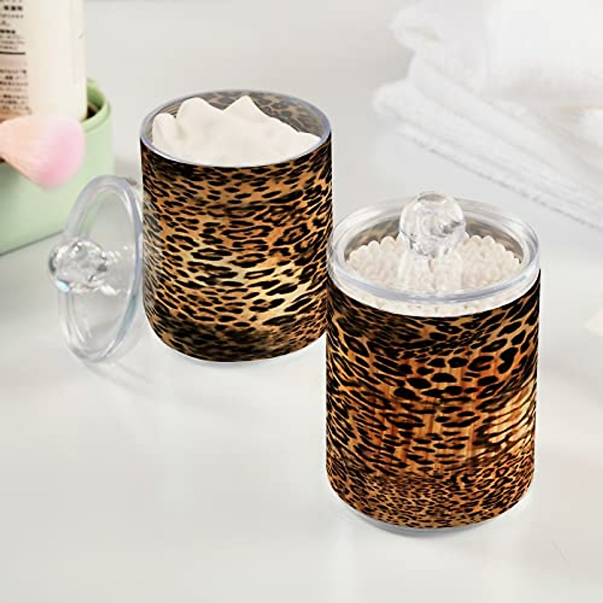 Kigai Beautiful Leopard Print Qtip Holder Dispenser with Lids 2PCS -Bathroom Storage Organizer Set, Clear Apothecary Jars Food Storage Containers, for Tea, Coffee, Cotton Ball, Floss