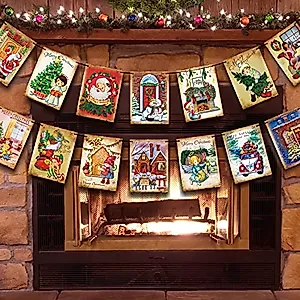 20 Pcs Vintage Christmas Garland Hanging Vintage Xmas Banner Decor, Victorian Vintage Christmas Bunting with Rope Traditional Christmas Card for Indoor Fireplace Mantle Decorations(Santa Claus Style)