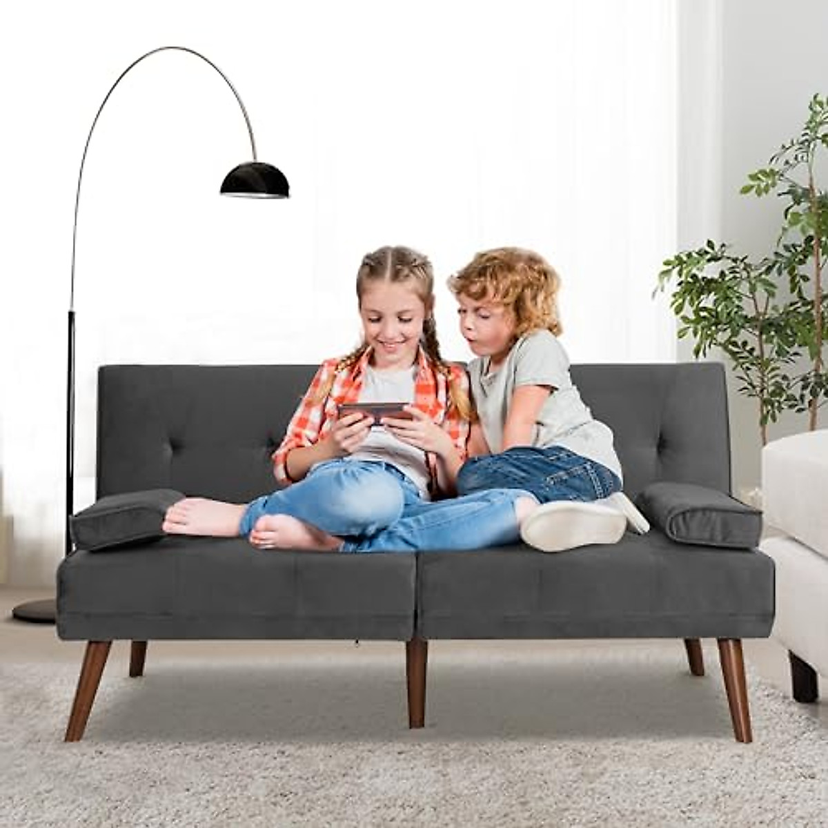 Shintenchi 60" Small Loveseat, 3 in 1 Cute Convertible Sofa Bed, Modern Futon Recliner Sleeper w/2 Cup Holder, Upholstered Folding Couch for Small Space, Dark Gray