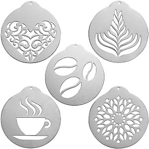 DOITOOL 5Pcs Stainless Steel Coffee Decorating Stencils, Metal Foam Latte Art Templates, Reusable Barista Cappuccino Chocolate Templates Coffee Garland Mould Cake Decorating Tool