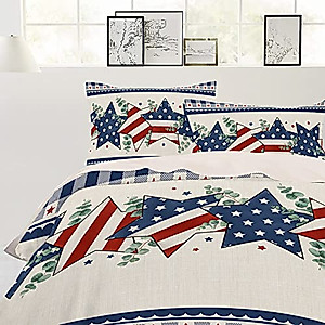 Lsrtoss 4th of July Queen Duvet Cover Set for All Season, Independence Day Eucalyptus Leaves Blue Red Star Microfiber 3 Piece Bedding Set with 2 Pillowcases & 1 Quilt Cover, 90" W x 92" L, Queen Size