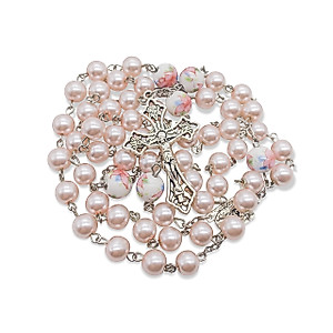 Nazareth Store Pink Pearl Beads Rosary White Flowers Beaded Necklace Lourdes Medal & Cross Crucifix
