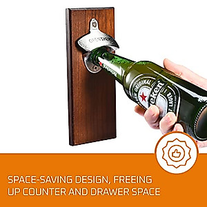 Bruntmor Wall Mount Bottle Opener - 7.87" x 2.75" x 0.55" Portable Mountable Beer Opener - Wooden Magnetic Beer Cap Catcher - Auto-Catch Cap Function & Space-Saver - Vintage Beer Caddy for Men & Dad