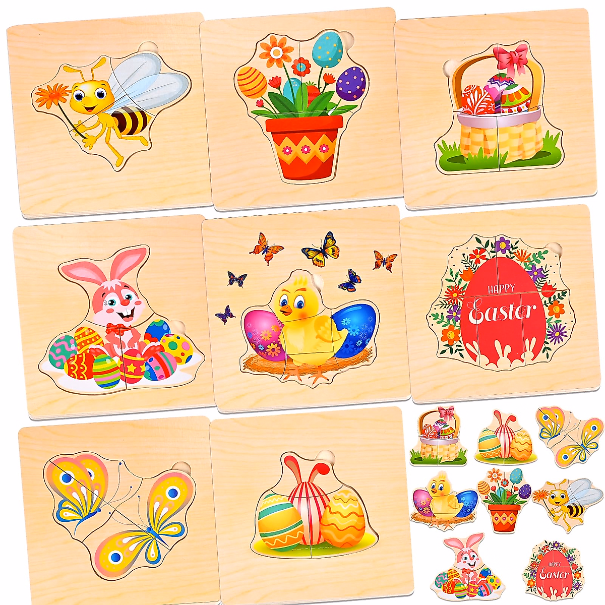 8pcs Easter Puzzles for Toddlers 3-5, Easter Basket Stuffers Fillers for Toddler Party Favors- Wooden Puzzles Gifts Toys for Kids Boys Girls Baby, Classroom Exchange Gifts Rabbits Eggs Puzzle