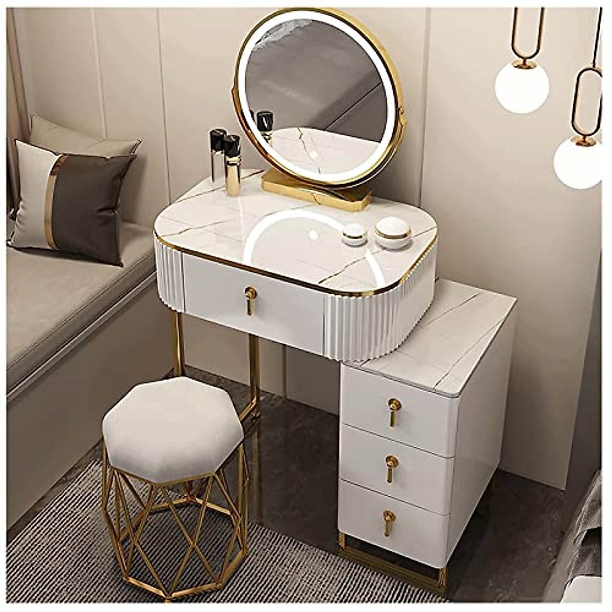 UTMACH Vanity Slate Tabletop Vanity Desk, Vanity Set with Adjustable Cabinet ＆ Makeup Chair, Dressing Table with Lighted Mirror ＆ Drawers Desk Sturdy