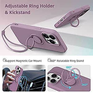 Inbeage [4 in 1 for iPhone 14 Pro Case Ring Stand,with Screen Protector+Camera Lens Protector+Hand Strap,Silky Touch Silicone Cover with 360° Kickstand,6.1 inch (Lilac Purple)