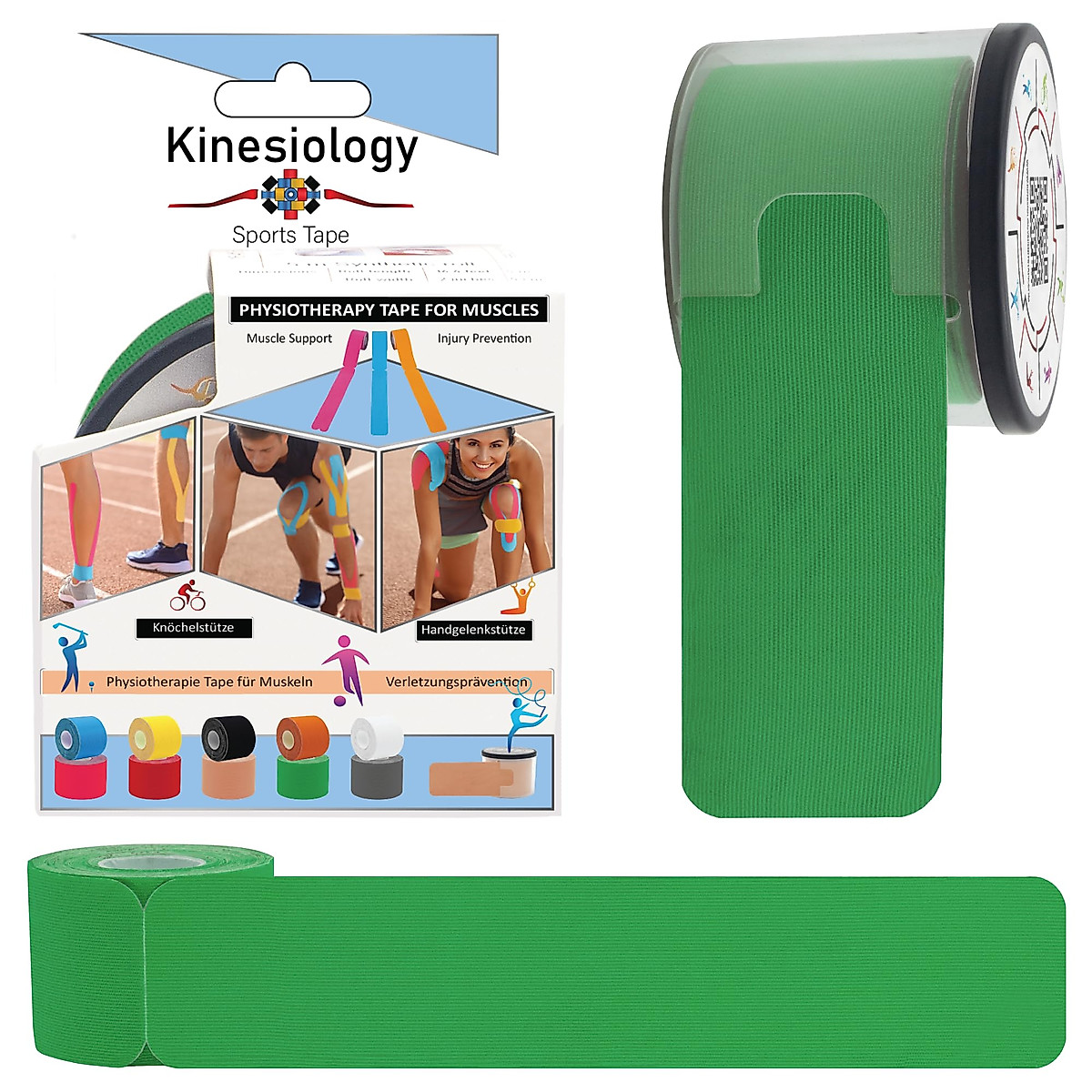 Kinesiology Tape Precut with Dispenser - Synthetic Sports Muscle Tape - Green - 5m Roll - 20 Strips - Physiotherapy Tape for Face, Neck, Shoulder, Back, Elbow, Wrist, Knee, Calf & Ankle