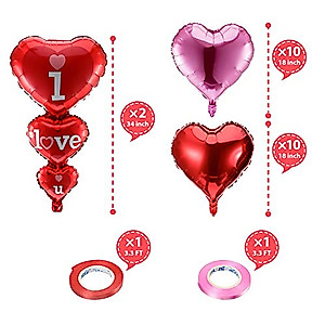 Gejoy 2 Pieces I Love You Red Heart Balloons and 20 Pieces Heart Shaped Foil Balloons with 2 Rolls Hanging Swirl Ribbon for Valentine's Day Decoration, 24 Pieces Totally