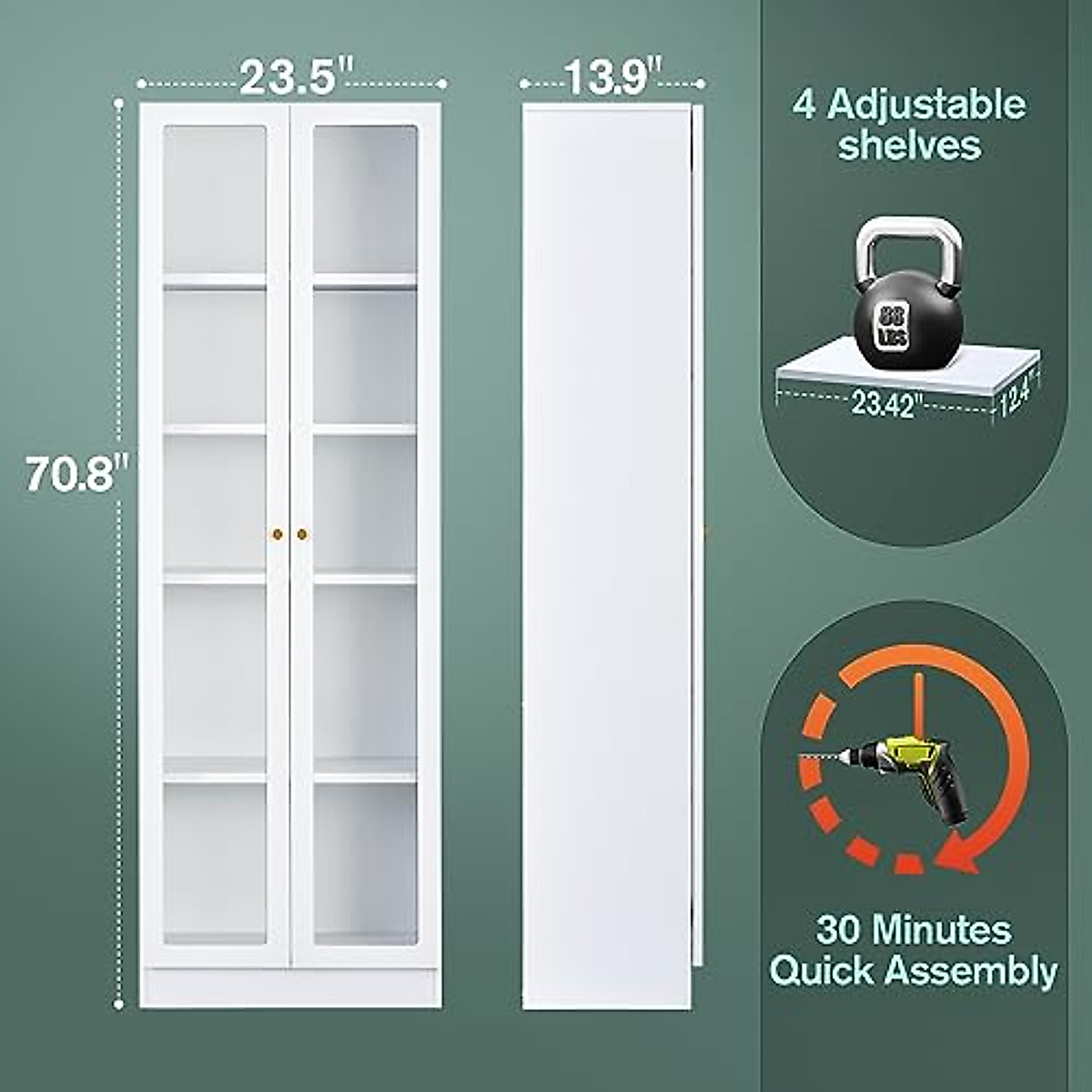 IRONMIX Enclosed Bookshelf with Acrylic Door and Adjustable Shelves, 70 Inch Tall Storage Cabinet 5 Tier, Dust Proof Display Shelf for Home, Office - White