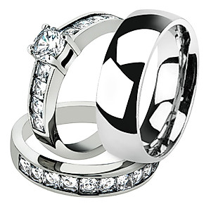 Marimor Jewelry His and Her 3 Piece Stainless Steel 3.25 Carat Cubic Zirconia Bridal Set and Men's Classic Wedding Band Women's Size 08 Men's 08mm Size 14