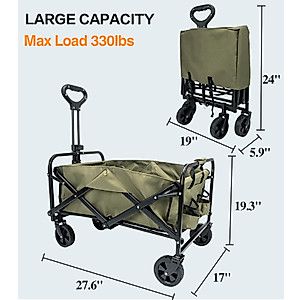 330lbs Collapsible Folding Wagon Cart Heavy Duty Outdoor Utility Wagon Beach Wagon Grocery Wagon Camping Portable Garden Wagon Cart with All-Terrain Wheels(Green)