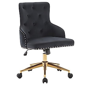 BELLEZE Modern Velvet Desk Chair for Home Office or Bedroom Vanity, Tufted Upholstered Seat with Slim Arms, Adjustable Height, Swivel, Wheels - Belden (Black)