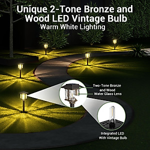 XMCOSY+ Solar Outdoor Lights Waterproof IP65, Solar-Powered Garden/Yard/Pathway Lights with 20LM Warm White 2-Tone Bronze-Wood Stainless Steel Design for Landscape Driveway Walkway Decorative