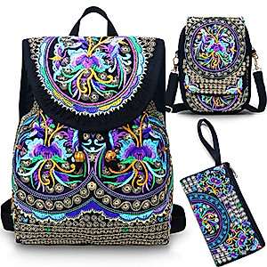 3 Pcs Women Vintage Embroidery Ethnic Handmade Backpack Flower Crossbody Bag Purse Travel Shoulder Bag(Purple Rose)