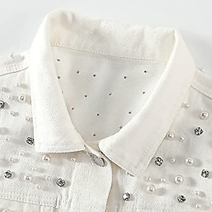 LifeShe Women's Pearls Denim Jacket Cropped Rhinestones Jean Jacket Coat