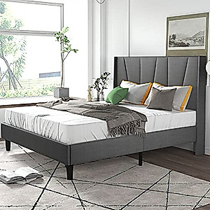 Allewie Full Size Bed Frame/Upholstered Platform Bed with Geometric Wingback Headboard/Mattress Foundation/Wood Slat Support/No Box Spring Needed/Easy Assembly, Dark Grey