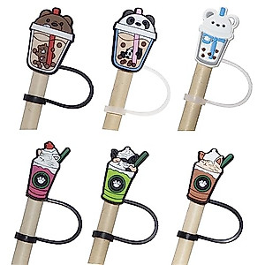 Fepdiu 6pcs Straw Covers Cap for Stanley Cup,6-8mm Cartoon Straw Cover,Reusable Drinking Silicone Straw Covers,Dust Proof Straw Toppers Covers for Stanley Cup Accessories