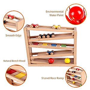 Qilay Wooden Race Track Car Ramp Racer Toy for Toddlers, 5 Level Race Car Ramp Toy Set includes 4 Wood Cars and 3 Balls,Great Building Learning Toys or 3+ Years Old Boy and Girl