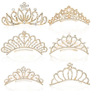 Lyellfe 6 Pack Girls Princess Tiara Crown, Crystal Rhinestone Headbands with Comb, Gold Tiaras and Crowns Hair Accessories for Girls, Birthday Party, Proms, Gifts