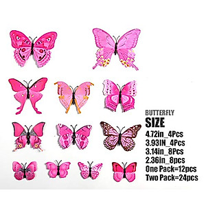 Butterfly Wall Decals 24Pcs 3D Butterflies Stickers Removable Mural Decor for Kids Room Bedroom Decor Living Room Decor (Pink)