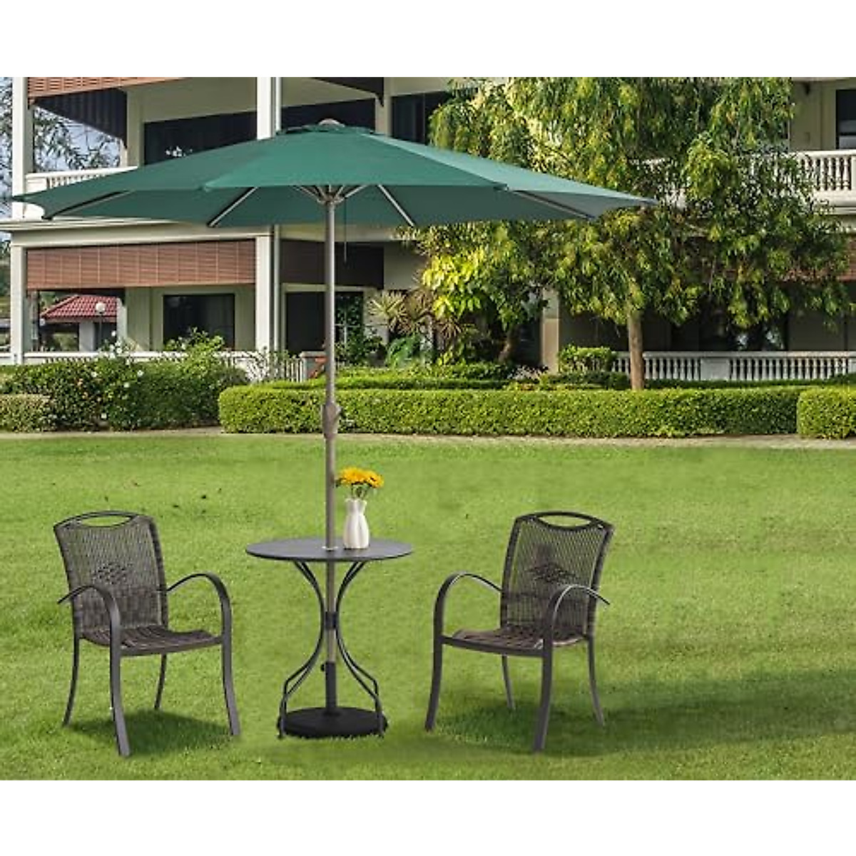 AAHOME 4 Piece Outdoor Patio Furniture Set，2 Rattan Chairs and 1 Round Coffee Table with 1.9" Umbrella Hole and 1 Green 9’ Patio Umbrella with Base Included, for Deck Garden Backyard Lawn Poolside.