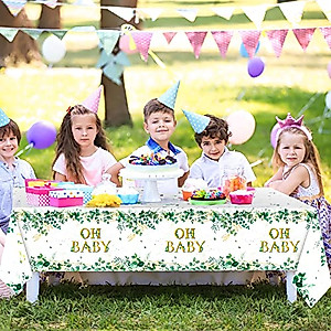 3 Packs Sage Greenery Oh Baby Plastic Tablecloths Baby Shower Party Decorations Eucalyptus Leaf Tablecloth Gold Foil Disposable Green Leaves Eucalyptus Table Cover for Home Sage Neutral Party Supplies